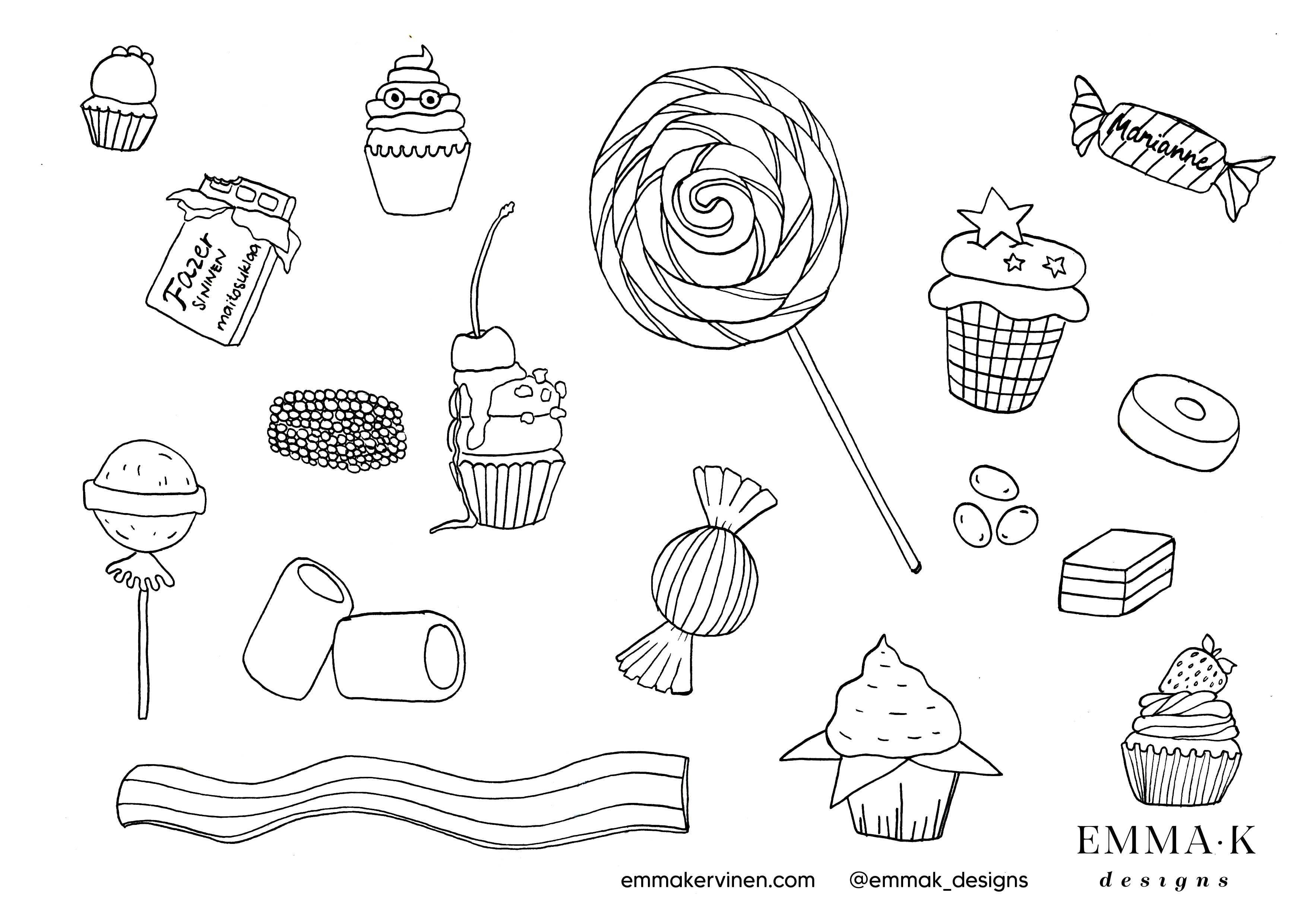 Cupcakes and sweets colouring page - Emma K Designs